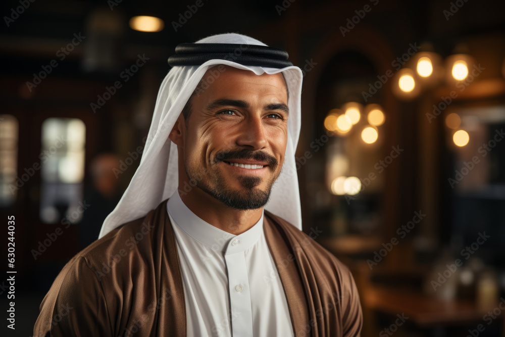 Arabic man indoor smiling while wearing traditional white Shemagh gown ...