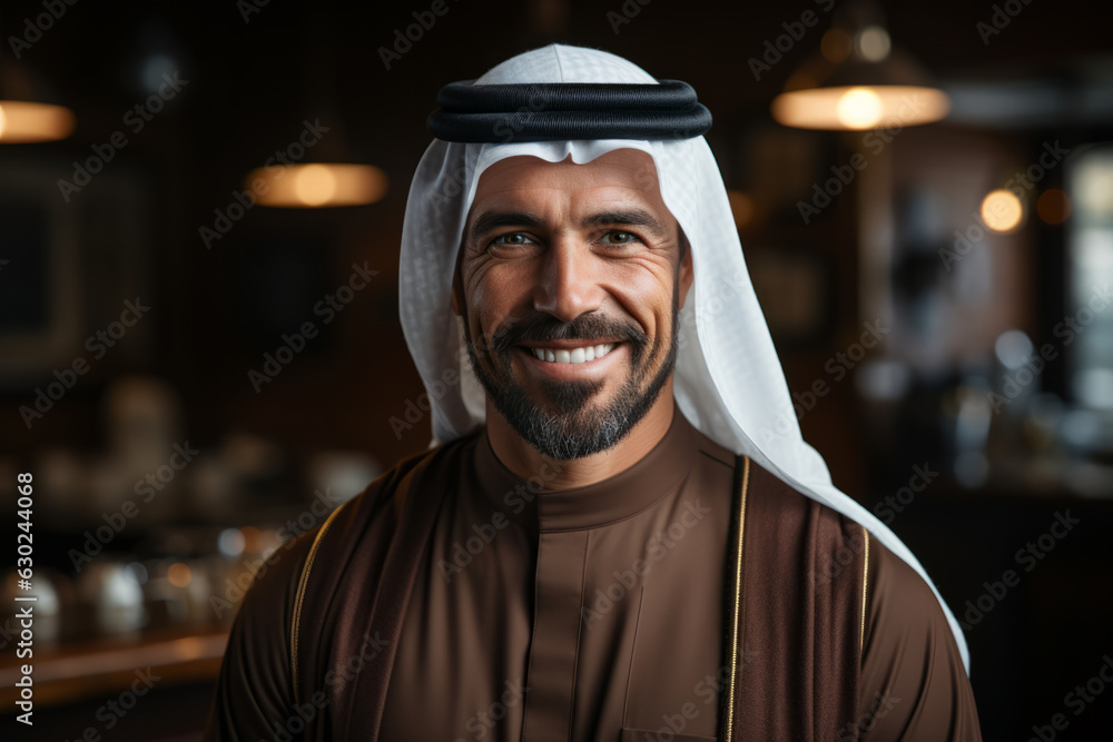 Arabic man indoor smiling while wearing traditional white Shemagh gown ...