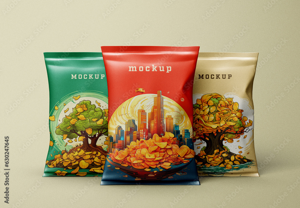Colorful Chips Bag Mockup – Trio Layout Featuring Fantasy Tree and ...
