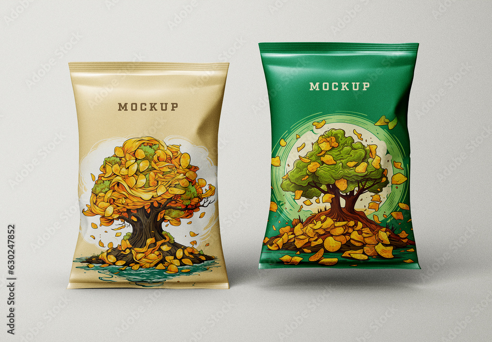 Minimal Snack Packaging Mockup – Dual Bag Design with Coin Tree ...