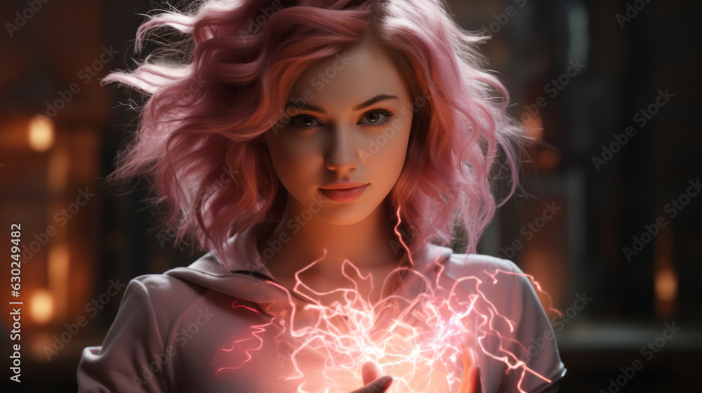 Super cute young superheroine with short pink hair wearing superhero ...