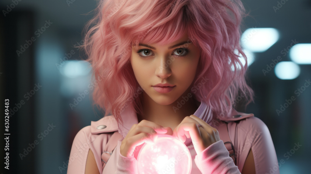 Super cute young superheroine with short pink hair wearing superhero ...