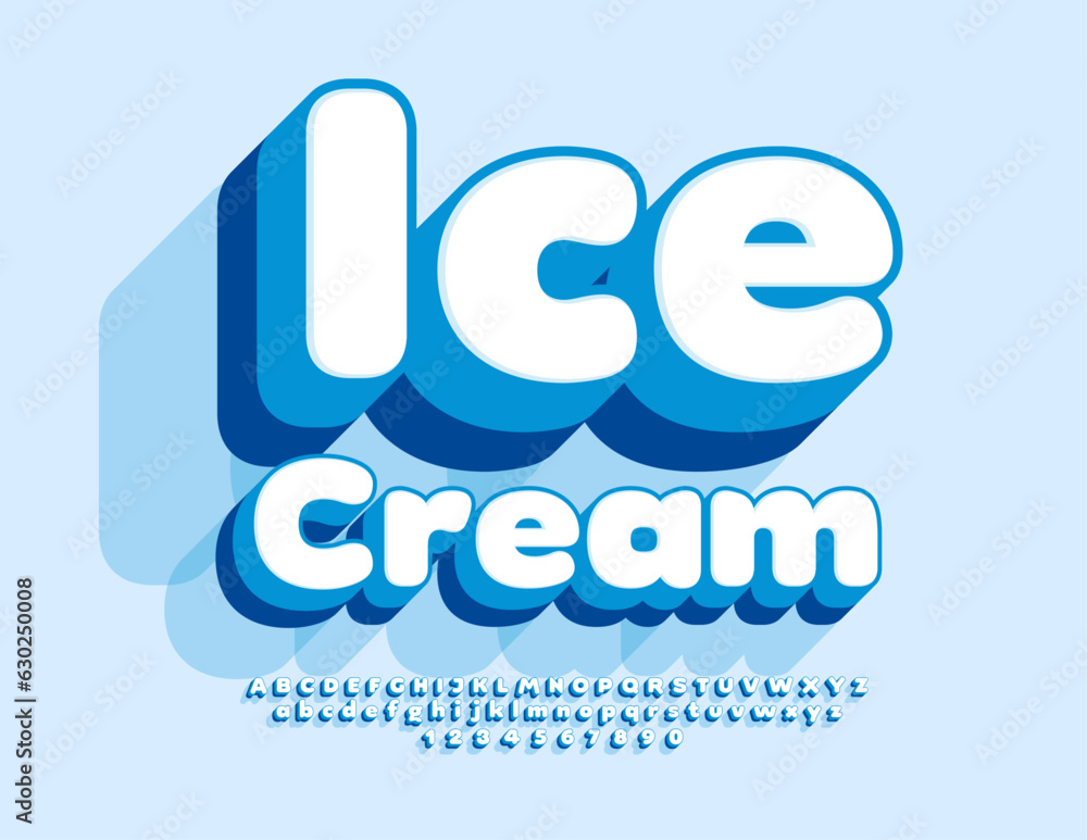 Vector tasty Emblem Ice Cream. White Font with Blue Shadow. 3D Alphabet ...