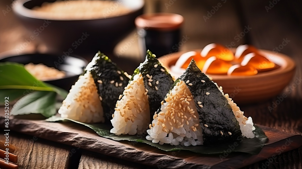 Onigiri or japanese rice balls served on the wooden tabletop in the ...