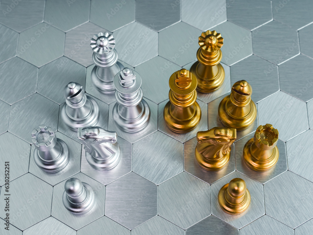 Set of golden and silver chess pieces element, king, queen rook, bishop ...