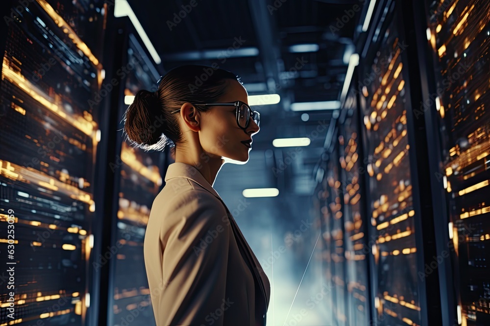 Successful Female from the back Data Center IT Specialist Using Tablet ...