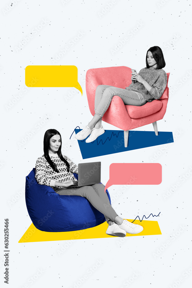 Vertical image collage artwork of two friends girls sitting chair beanbag texting each other ...