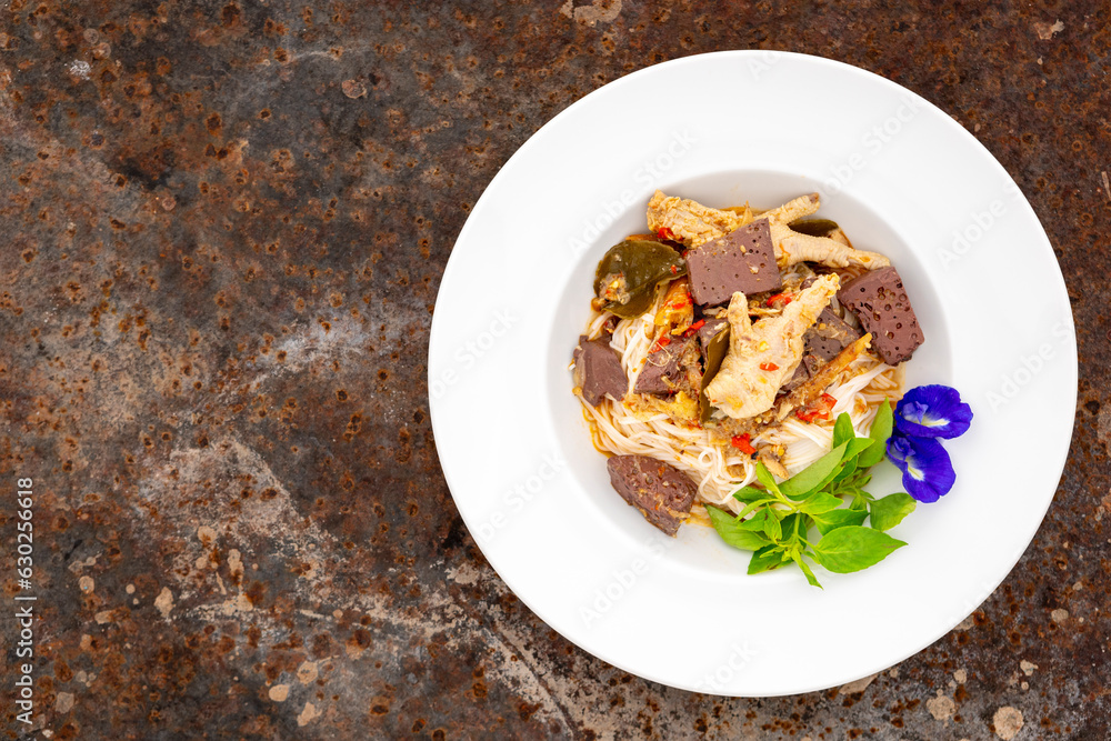 Thai vermicelli, Thai rice noodles with chicken feet, chicken blood ...