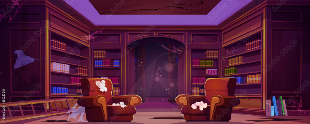 Abandoned dirty library room with bookshelf vector background. Interior ...
