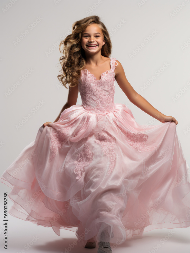 10-year-old girl dressed in pink princess dress playing princess ...