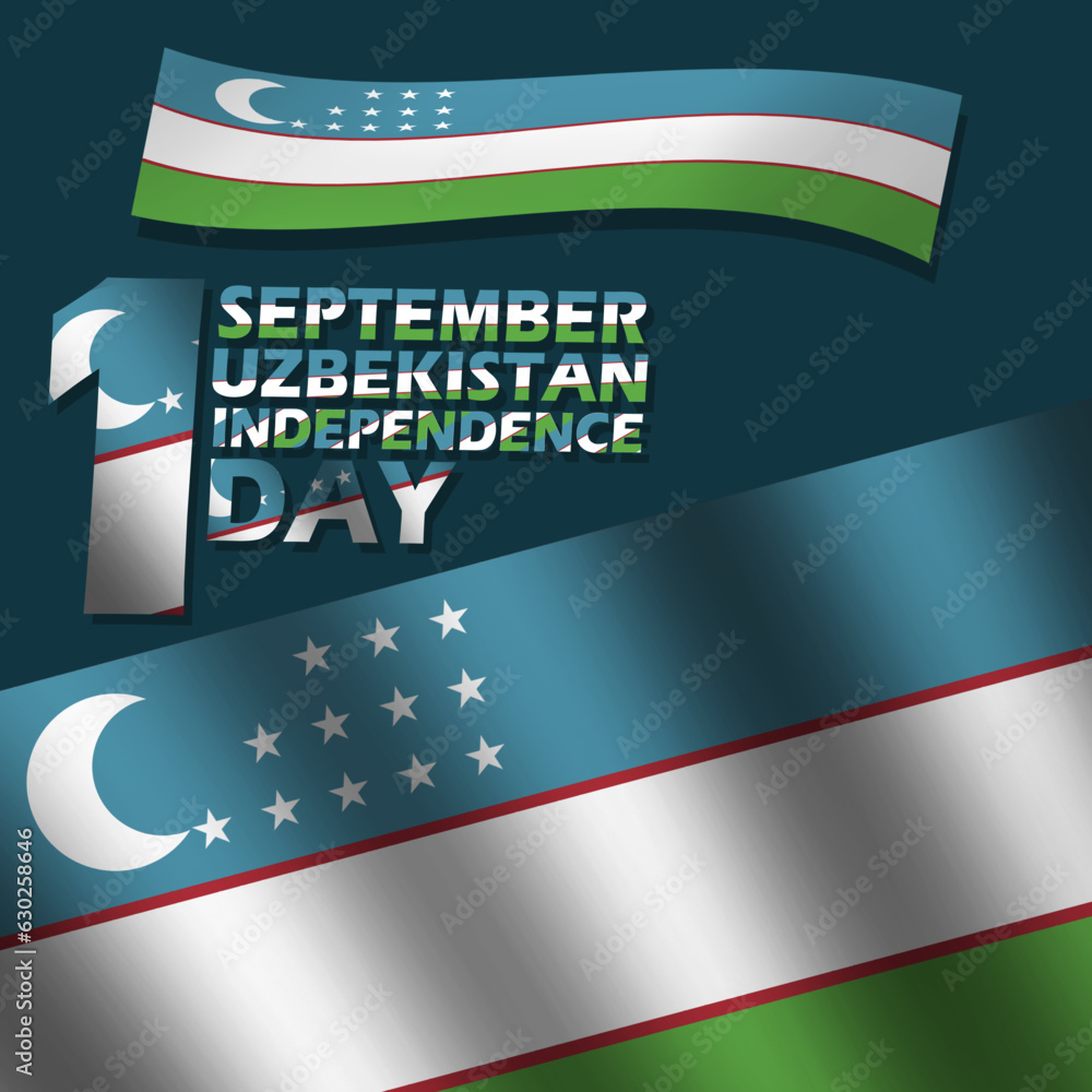 Uzbekistan flag waving with number, bold text and ribbon on dark ...