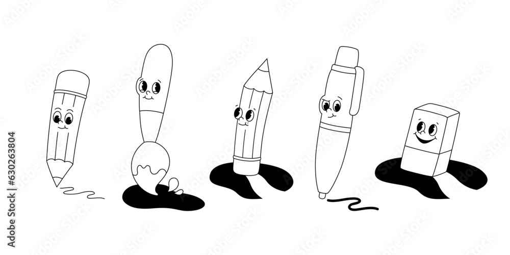Vector set of cartoon retro mascots monochrome illustrations of ...