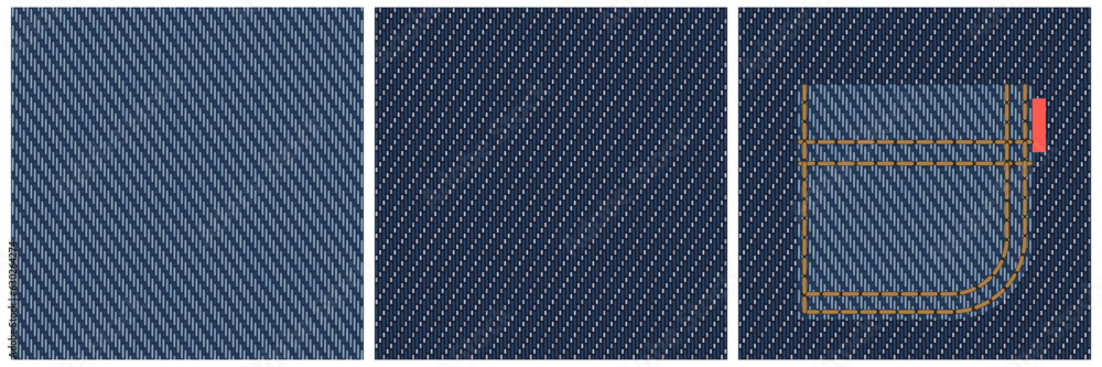 Denim seamless vector texture with pocket, stitches and label for ...