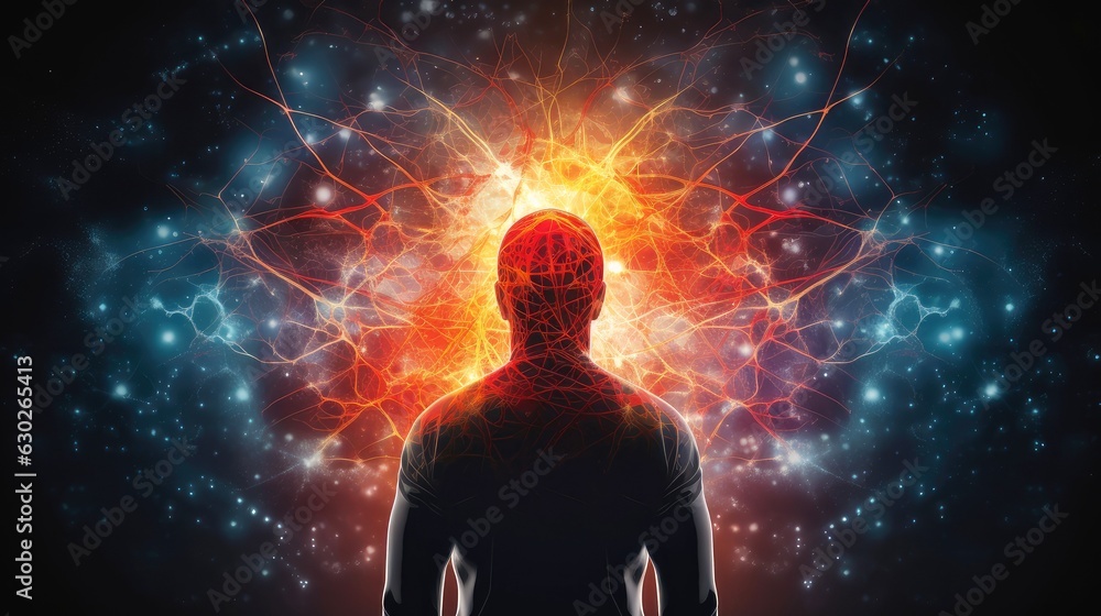 Illustration of thought energy . Head of person and neural network of ...