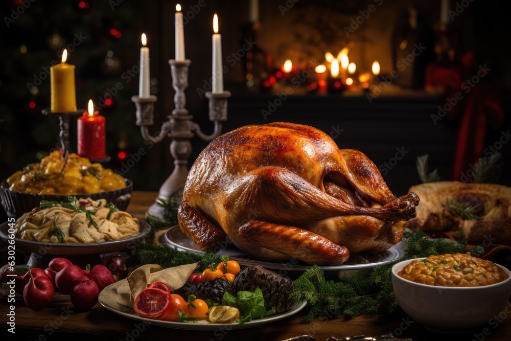 Delicious Christmas feast with roasted turkey, savory sides, and a ...