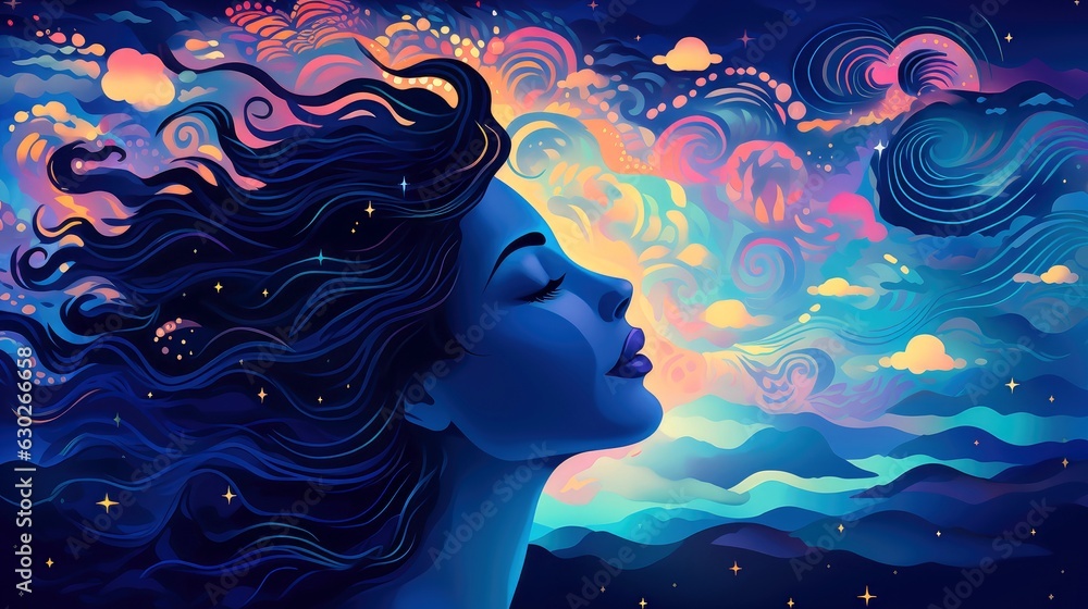 Illustration of woman sleeping and dreaming. Psychic girl considers ...