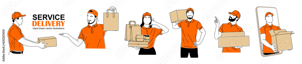 Delivery service concept. Set illustrations of men, woman in orange ...