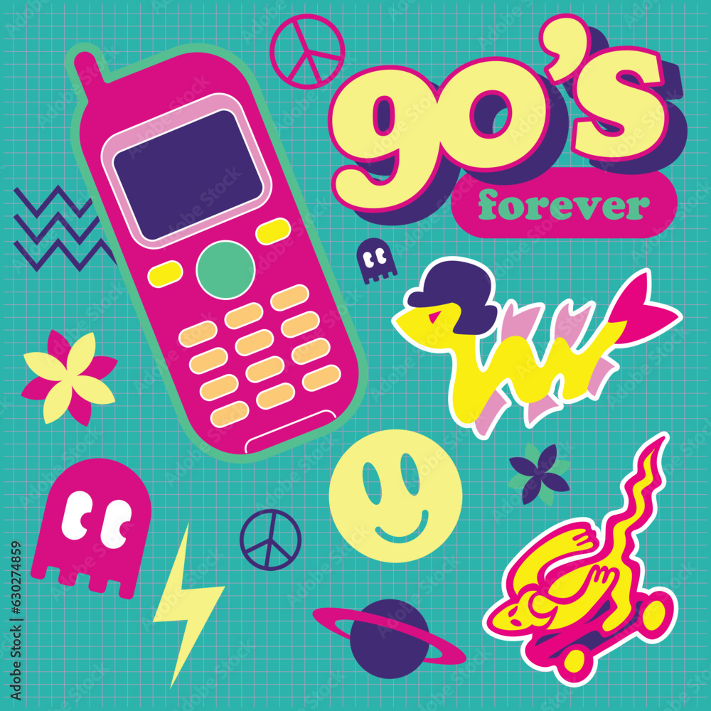 90ties graphic elements of a retro mobile phone, a skateboard, a worm ...