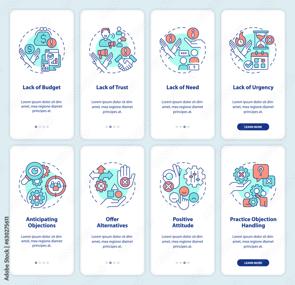 Objection handling onboarding mobile app screen set. Sales skills. Walkthrough 4 steps editable ...