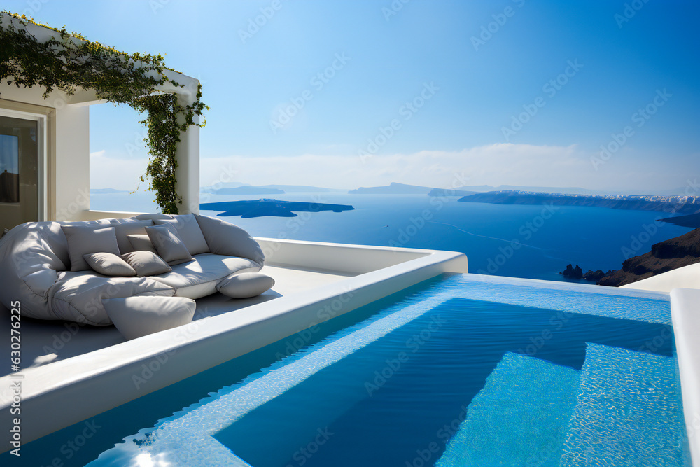 Blue infinity pool in a luxury resort on a Greek island in Cyclades ...