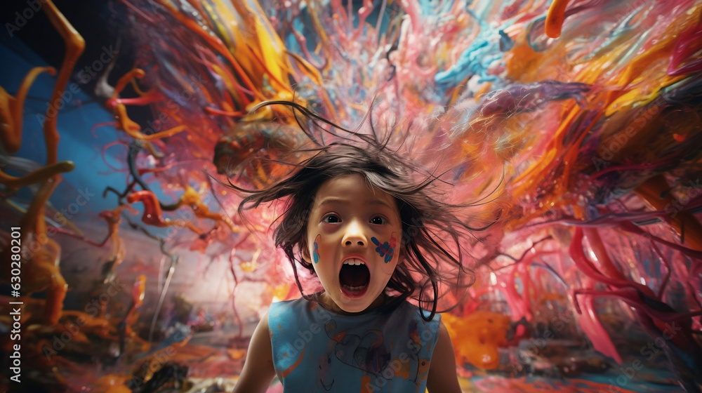 girl colorful vivid background. An illustration of auditory ...