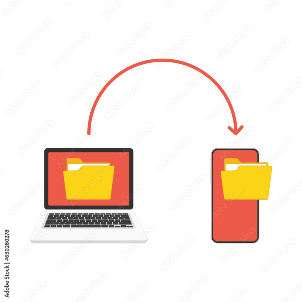 File transfer concept. Laptops and smartphone with yellow folders on screen and transferred ...