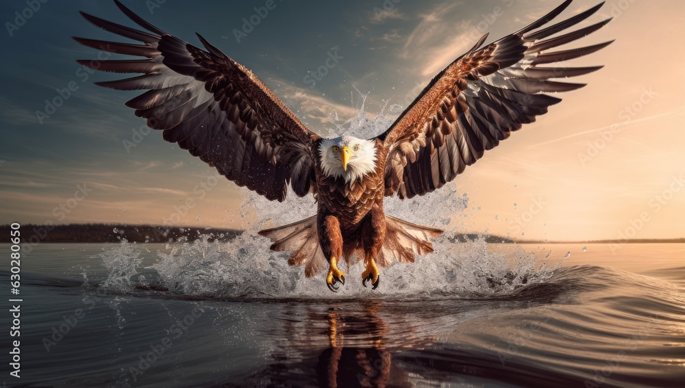 Eagle Soaring Over Water. Majestic Flight and Powerful Hunt. Wildlife ...