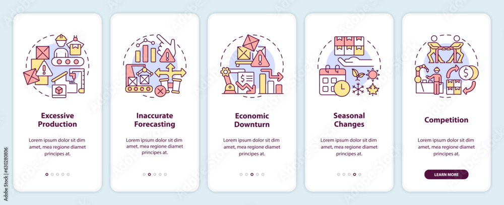 2D colorful thin line icons representing overproduction mobile app ...
