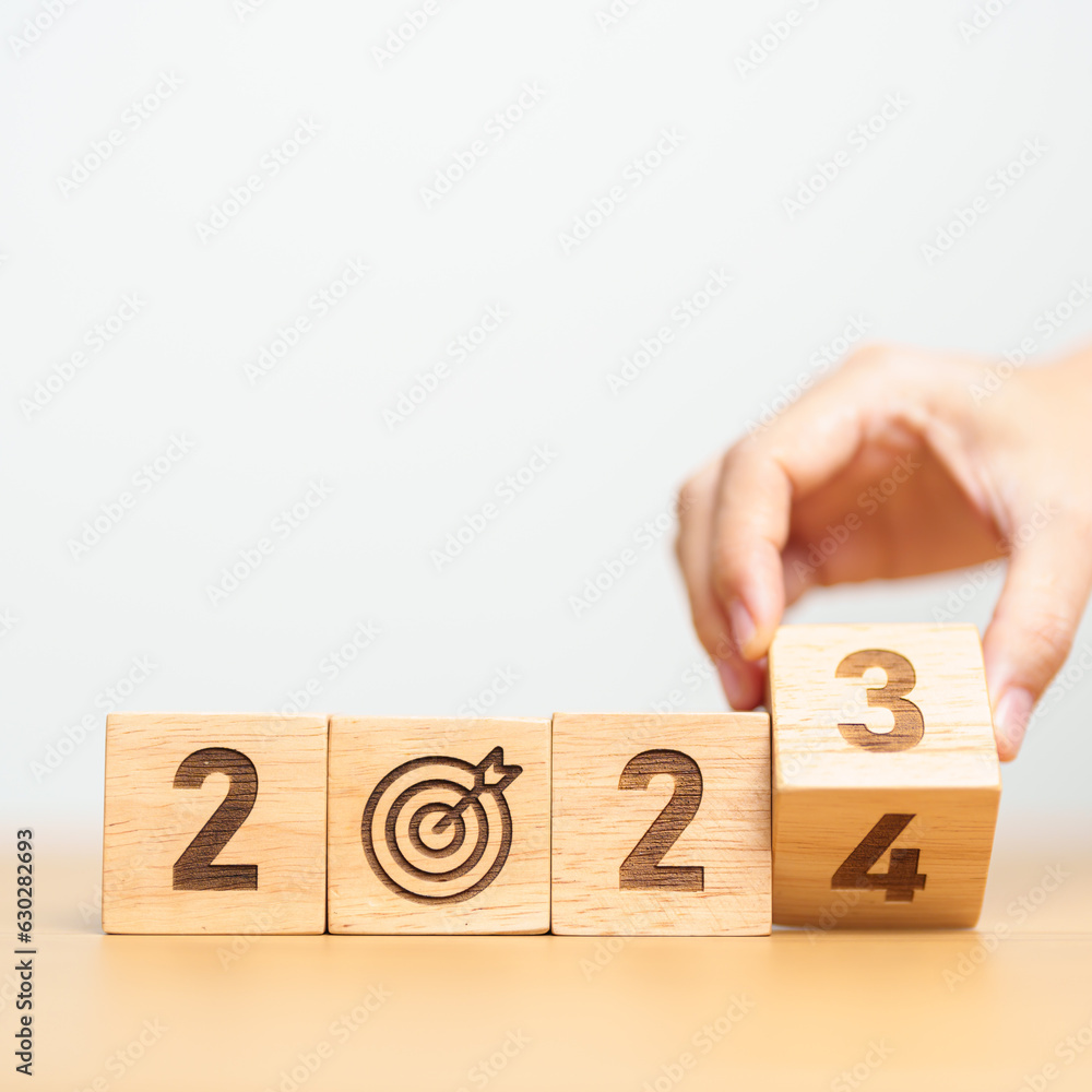 2023 year change to 2024 year block with dartboard icon. Goal, Target ...