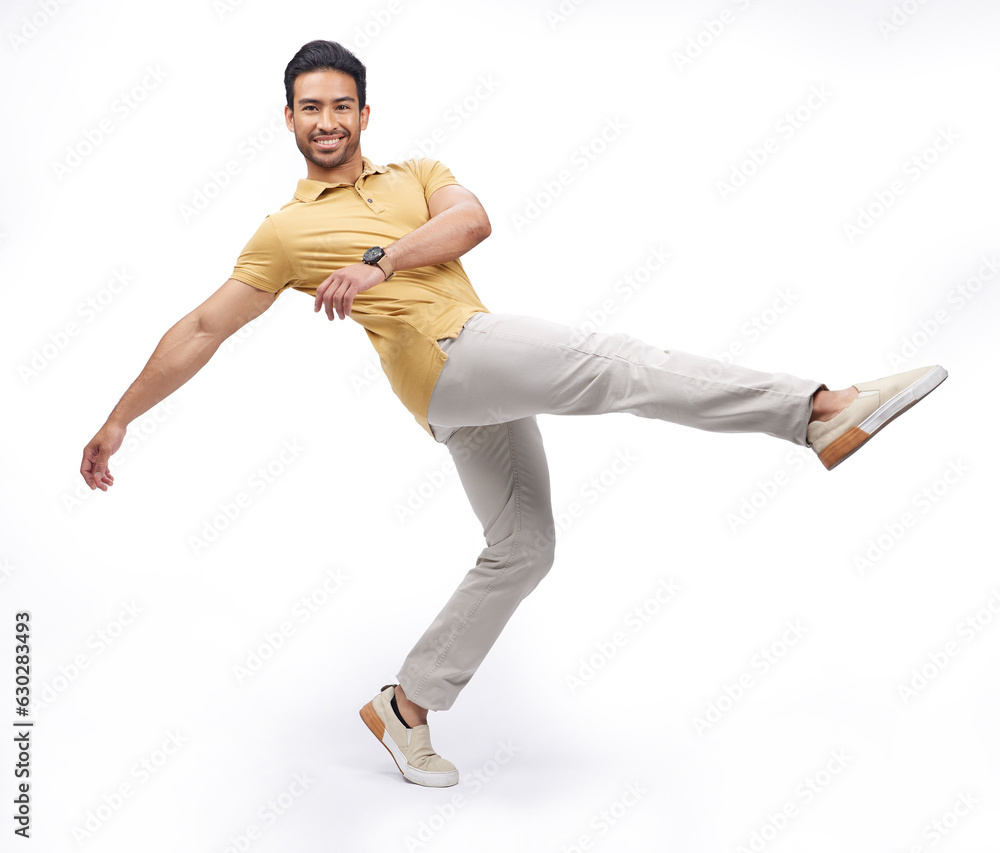 Dance, movement and portrait of man in studio for happiness, energy and ...