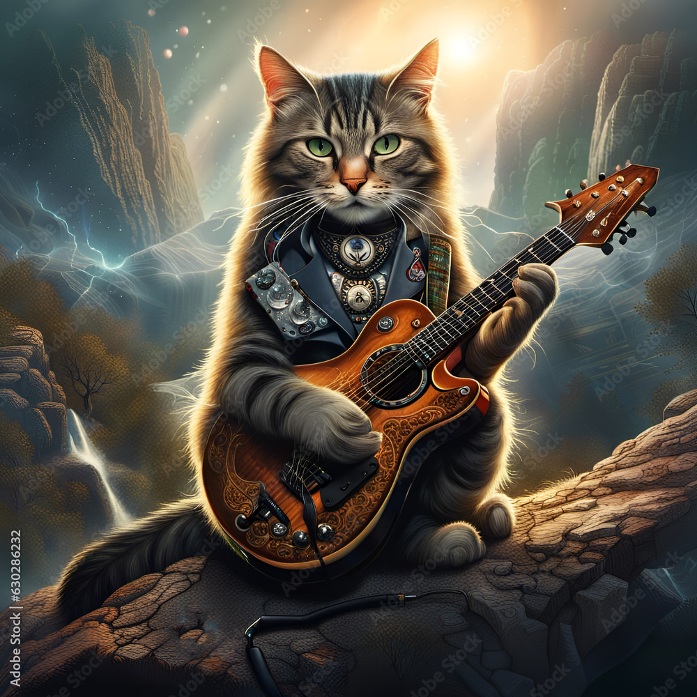 Cat rockstar playing his electric guitar while on a rock and looking ...