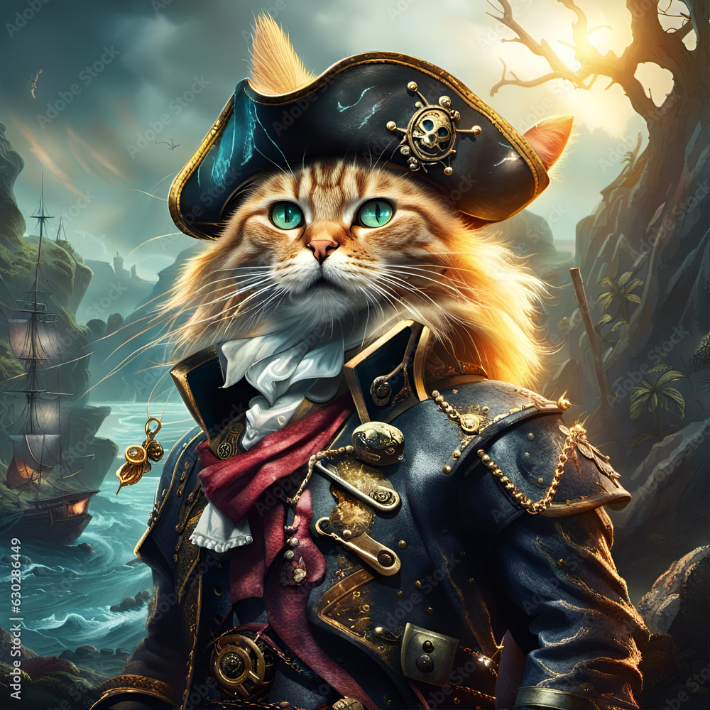 Fierce pirate cat wearing tricorn hat in a mysterial landscape. Amazing ...