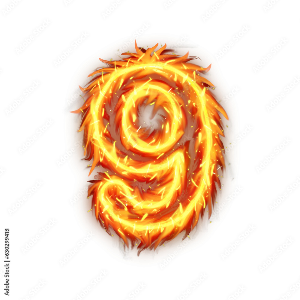 Burning Number Nine Fire Flames effect Illustration On transparent ...