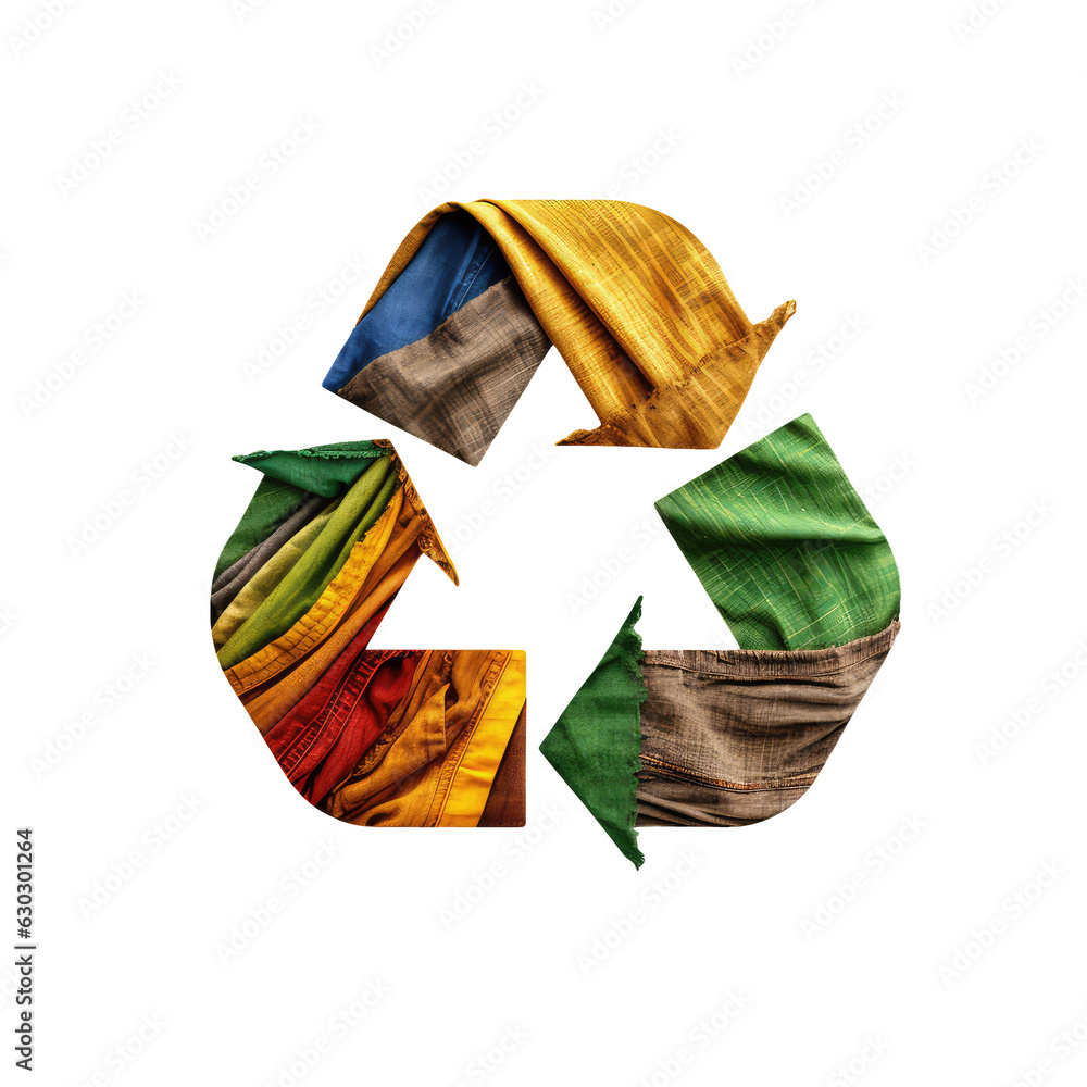 Fabric and textile recycling sign. Recycling of old clothes. 3d render ...