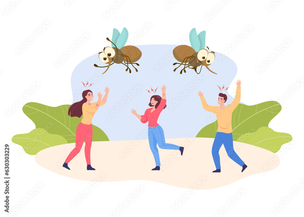 Mosquitoes attacking people vector illustration. Scared tourists ...