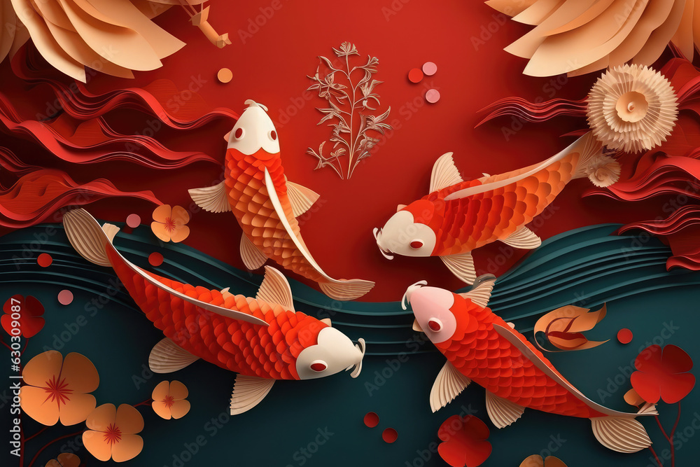 lucky koi fish in the water, Chinese new year and spring festival ...