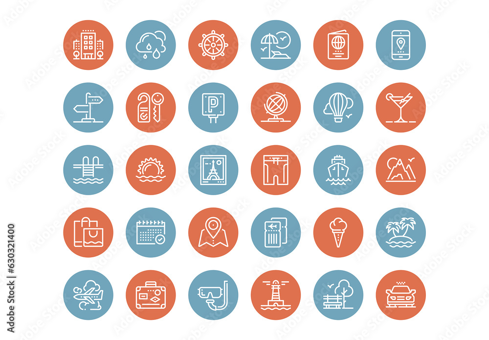 Vector set of travel and vacation flat line web icons. Each icon with ...