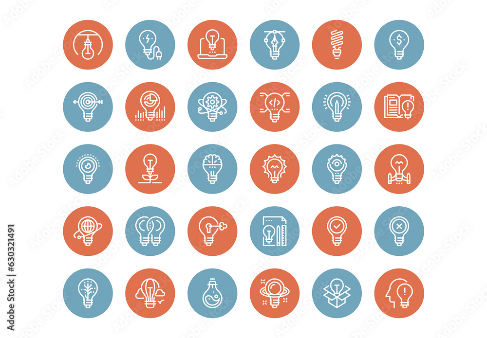Vector set of light bulbs flat line web icons. Each icon with ...