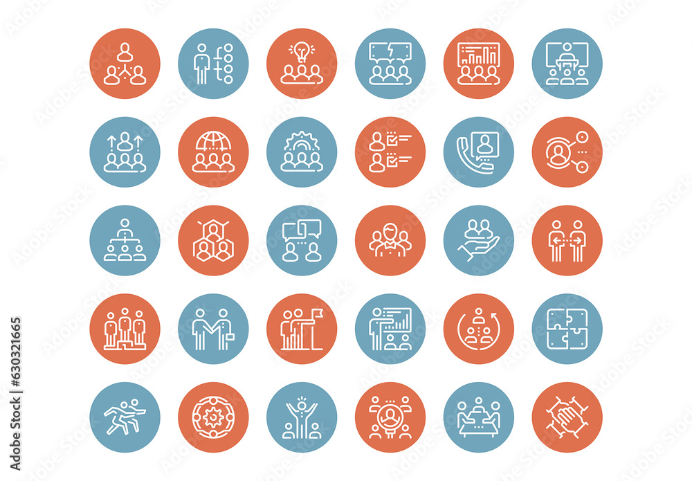 Vector set of team work flat line web icons. Each icon with adjustable ...