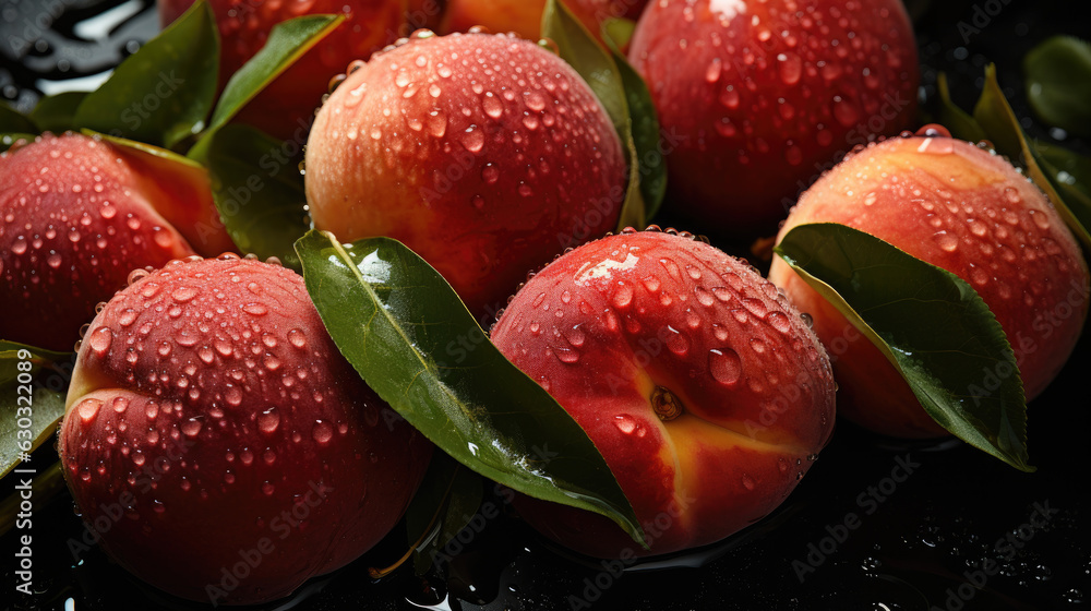 Peaches background, adorned with glistening raindrops of water. top ...