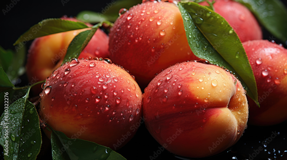 Peaches background, adorned with glistening raindrops of water. top ...