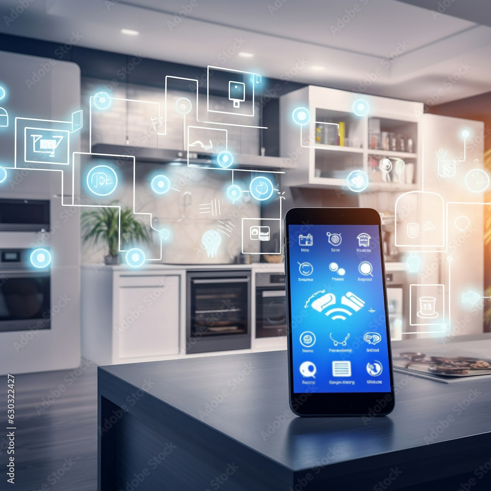 Smartphone with glowing screen and smart home app icons. Smart ...