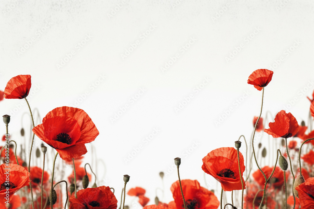 poppy flowers on white background, border background with copy space ...