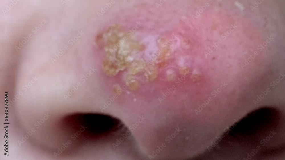 Exploring herpes as viral skin disease, female face close-up, herpes on ...