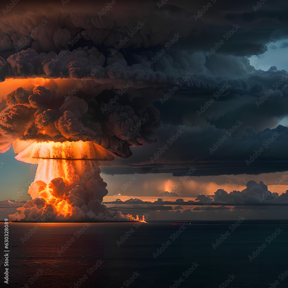 Raw photo of huge Atomic explosion Surface reflection in ocean with ...
