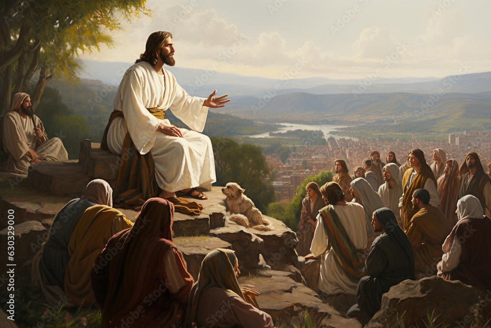 Jesus delivering the Sermon on the Mount, conveying His teachings and ...