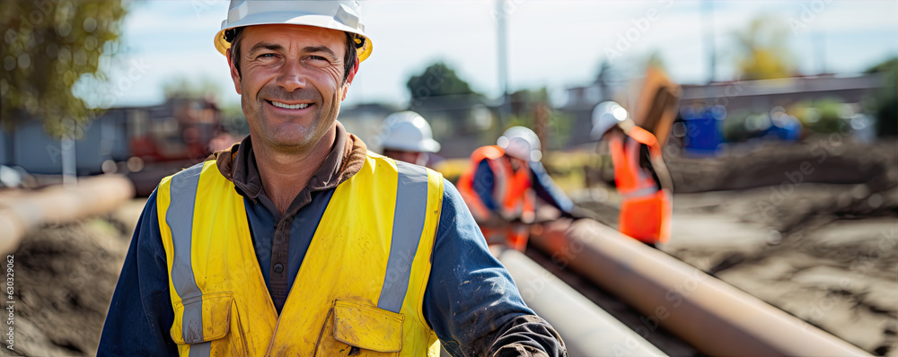 Happy worker on construction site with drain pipes. Stock Photo | Adobe ...