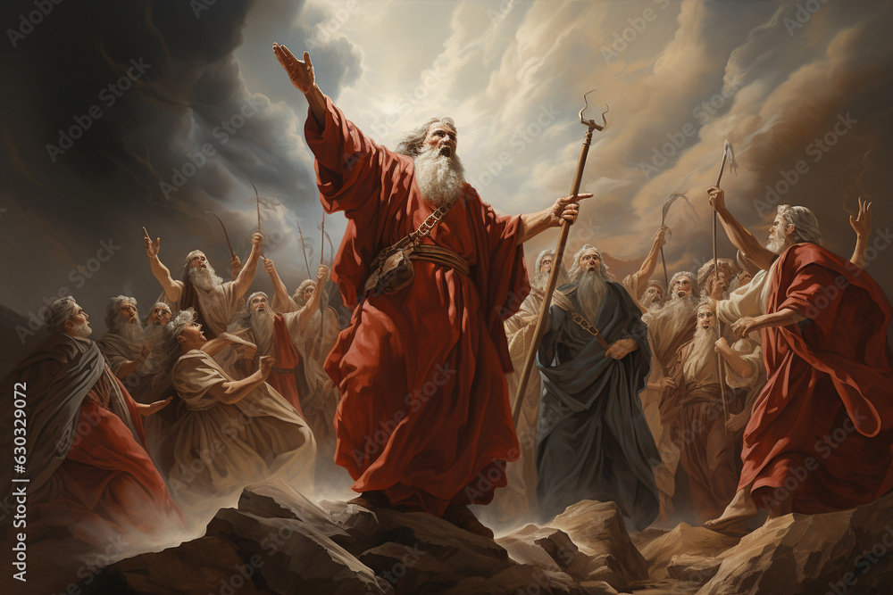 A dramatic portrayal of Moses raising his staff to part the Red Sea ...