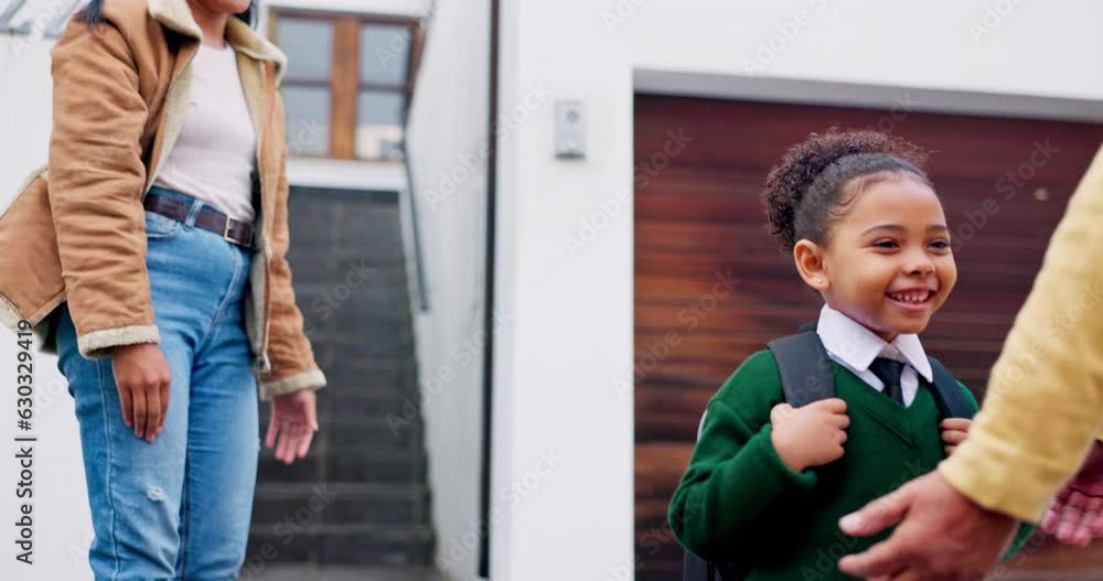 Care, happy and a child greeting a mother in the morning for school and ...
