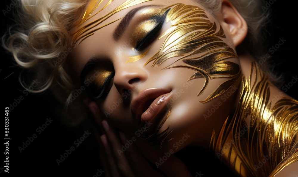 Beauty woman painted in gold skin color body, gold makeup, lips ...